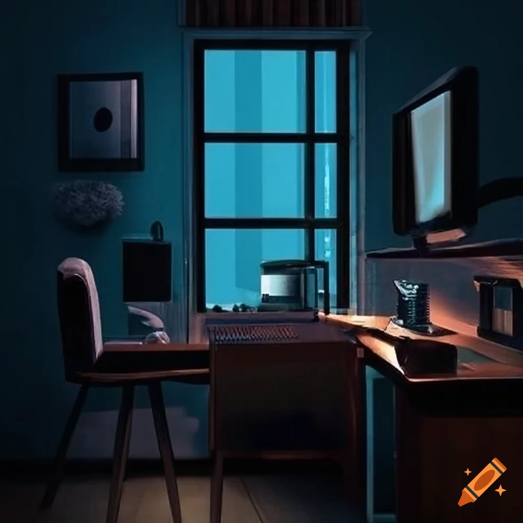 Eather, desk setup, programmer, dark blue, walnut wood, window opposite ...