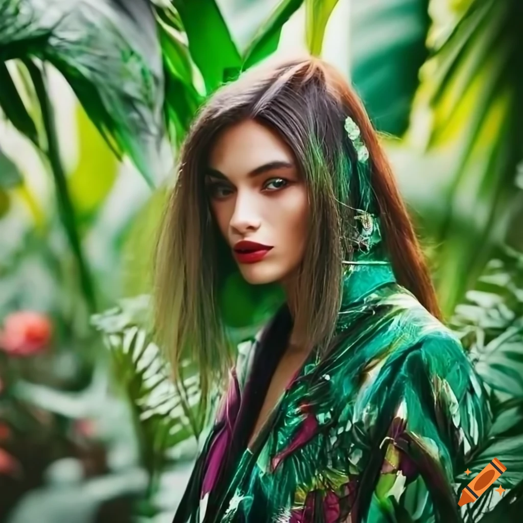 Cinematic, French Supermodel, 18yo, jungle fashion outfit, tall woman ...