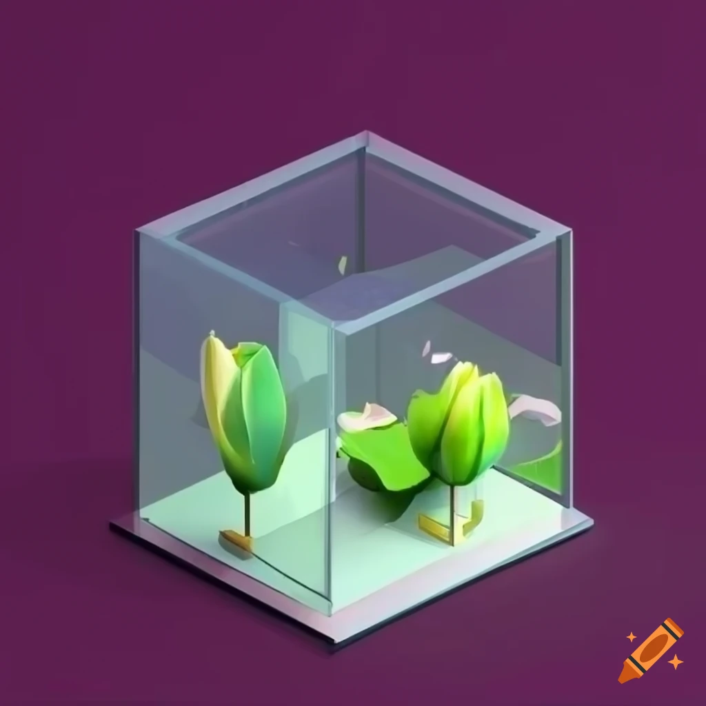 Isometric cube room with a tulip in a glass case