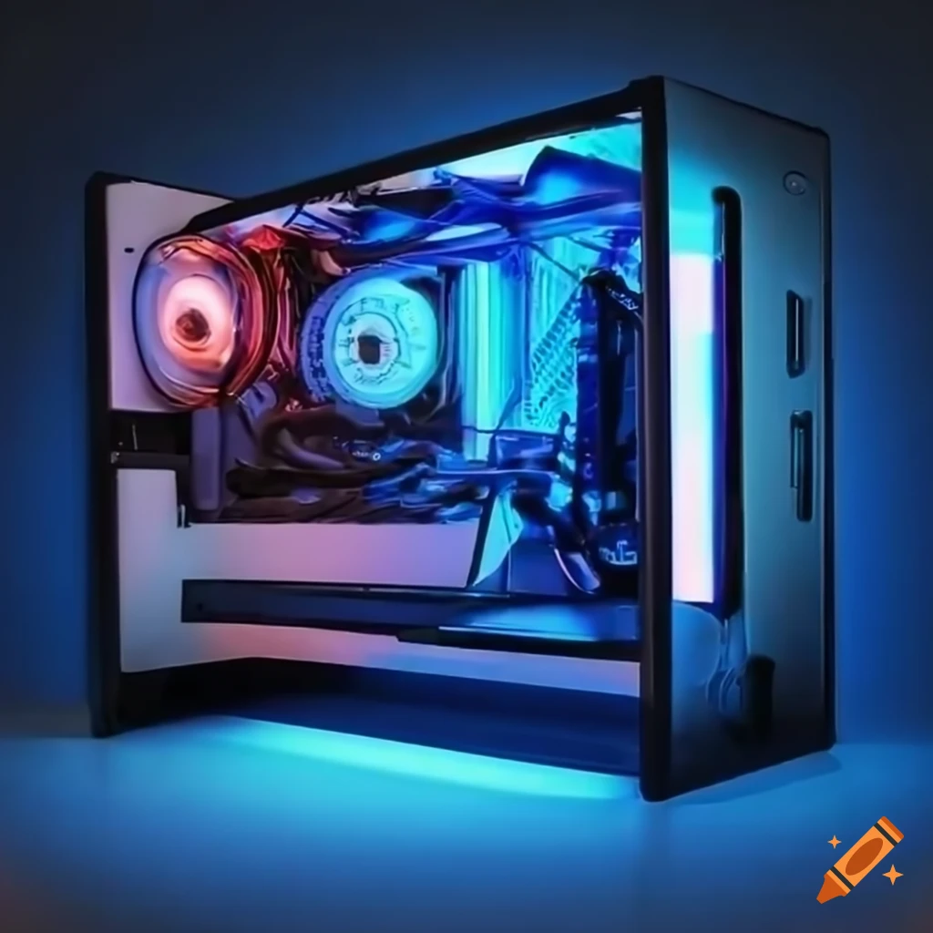 White and blue gaming and streaming pc setup on Craiyon