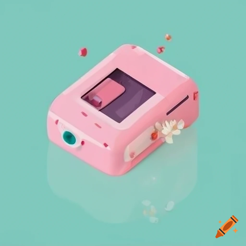 Isometric mini printer cute pink and white with buttercups on Craiyon