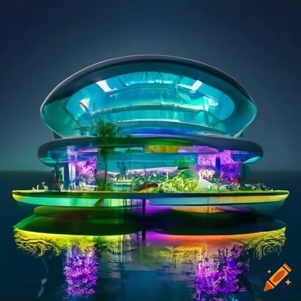 Futuristic platform with colored glass restaurant and hydroponic ...