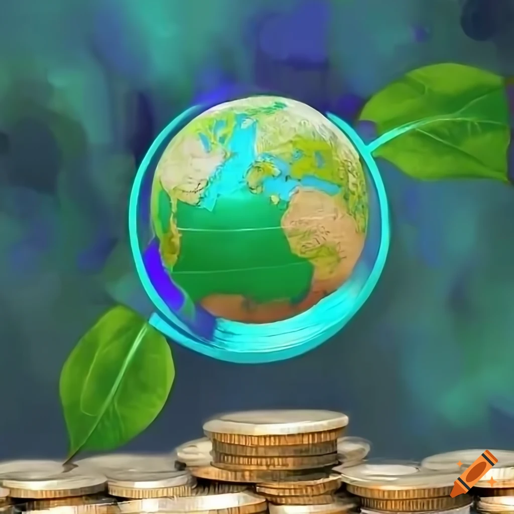 Green earth globe standing on balance on currency coins. green and blue ...