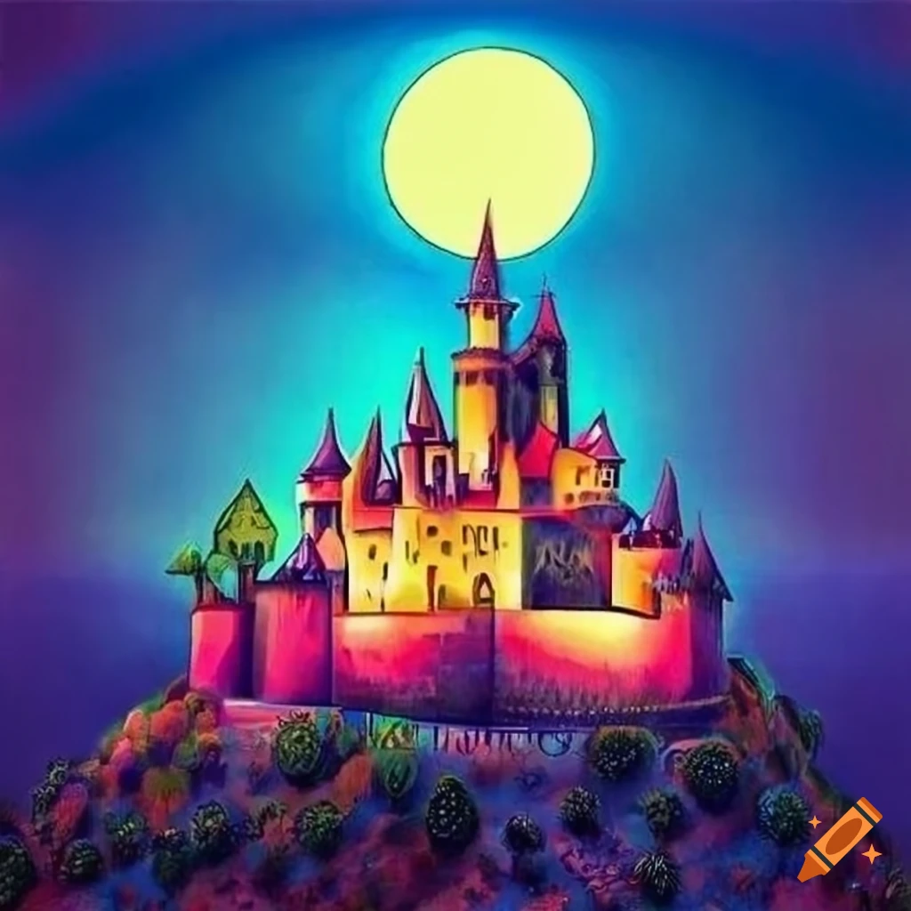 Vibrant whimsical color pencil drawings of castles on Craiyon