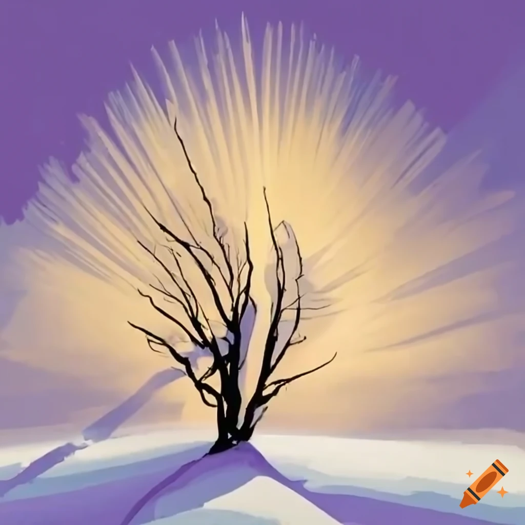 A bright streak of light hitting a tree in a snowy field at night on ...