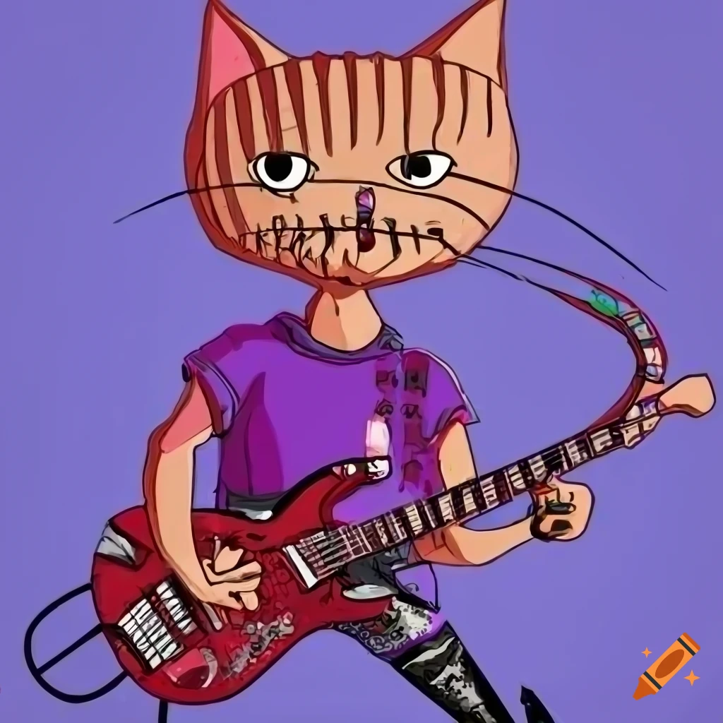 Punk cat guitarist, lineart , cartoon minimal