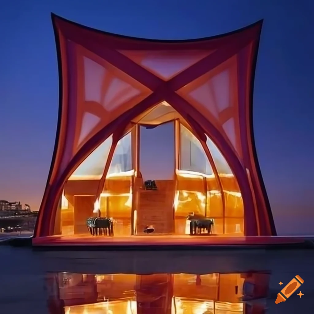 Riverside futuristic cafe made of colored glass, sculptural fabric ...