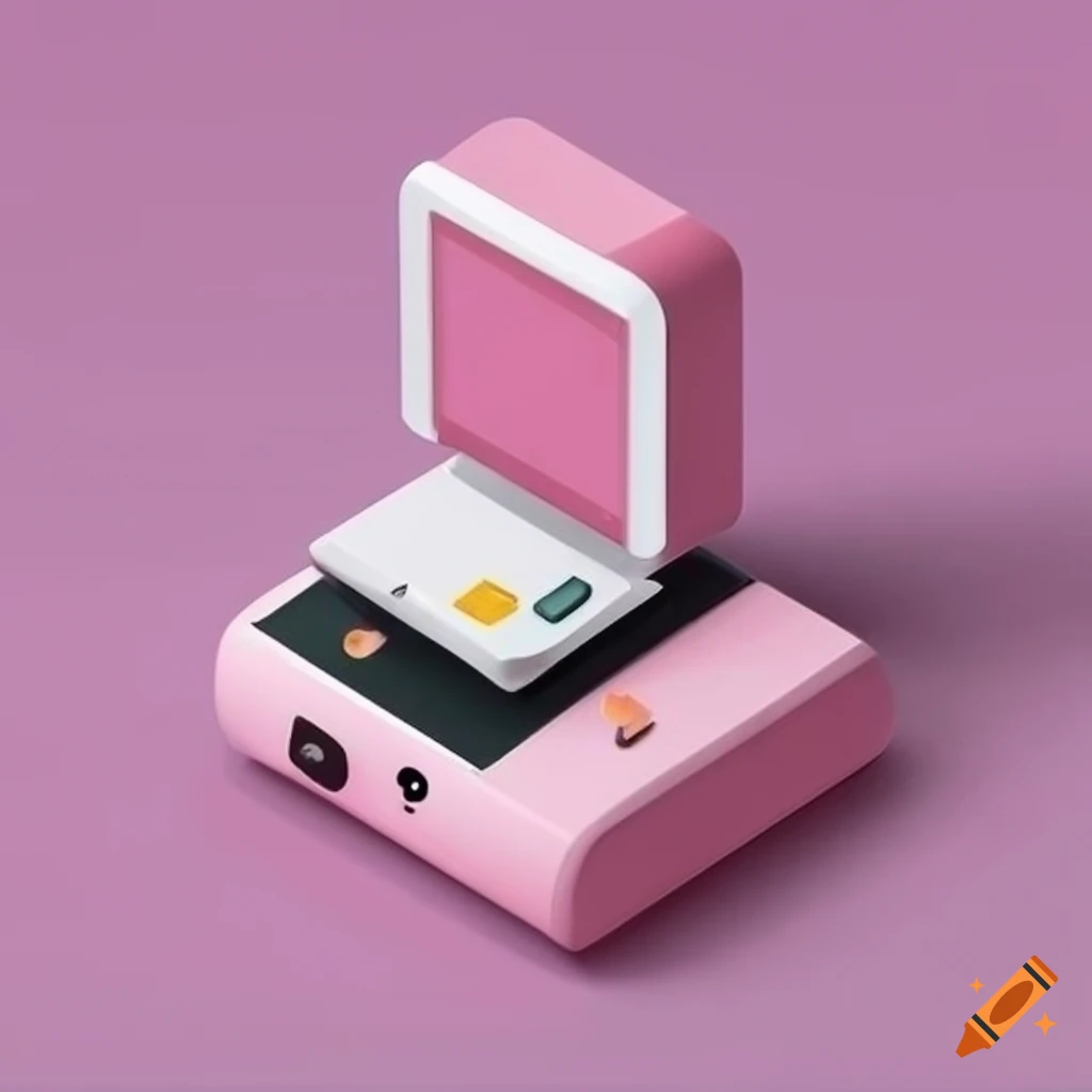 Isometric mini printer cute pink and white with buttercups