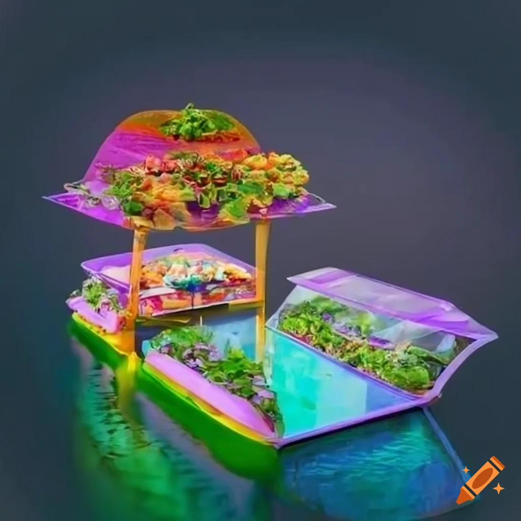 Futuristic floating platform with colored glass food stall and ...