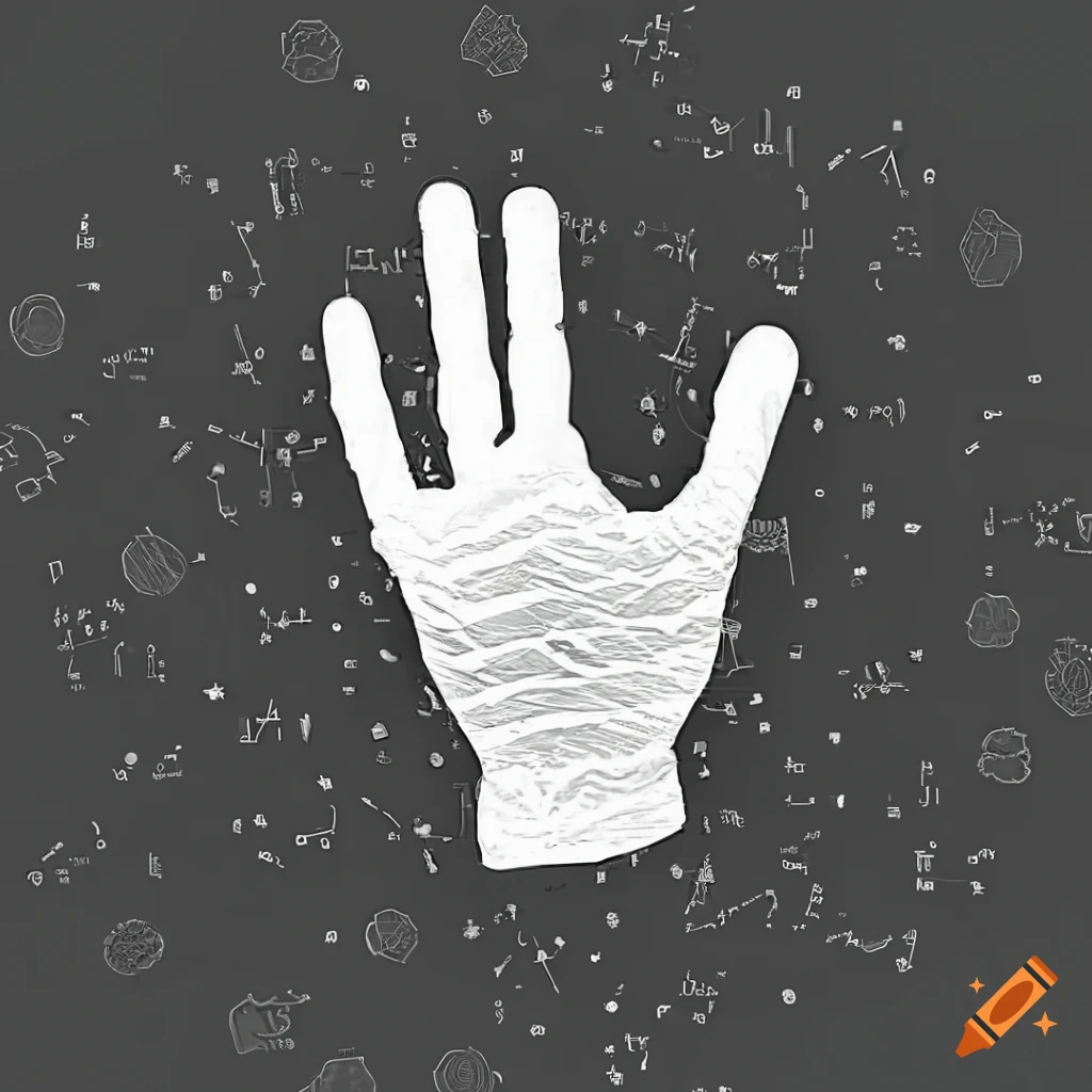 White hand-silhouette-like symbols of digital code on a black ...