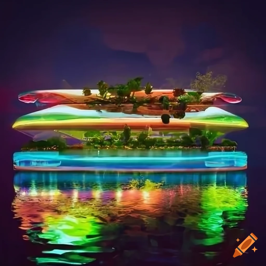 Futuristic platform with colored glass restaurant and hydroponic ...