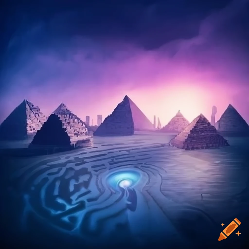High quality fantasy artwork of a white marble maze with pyramids and ...