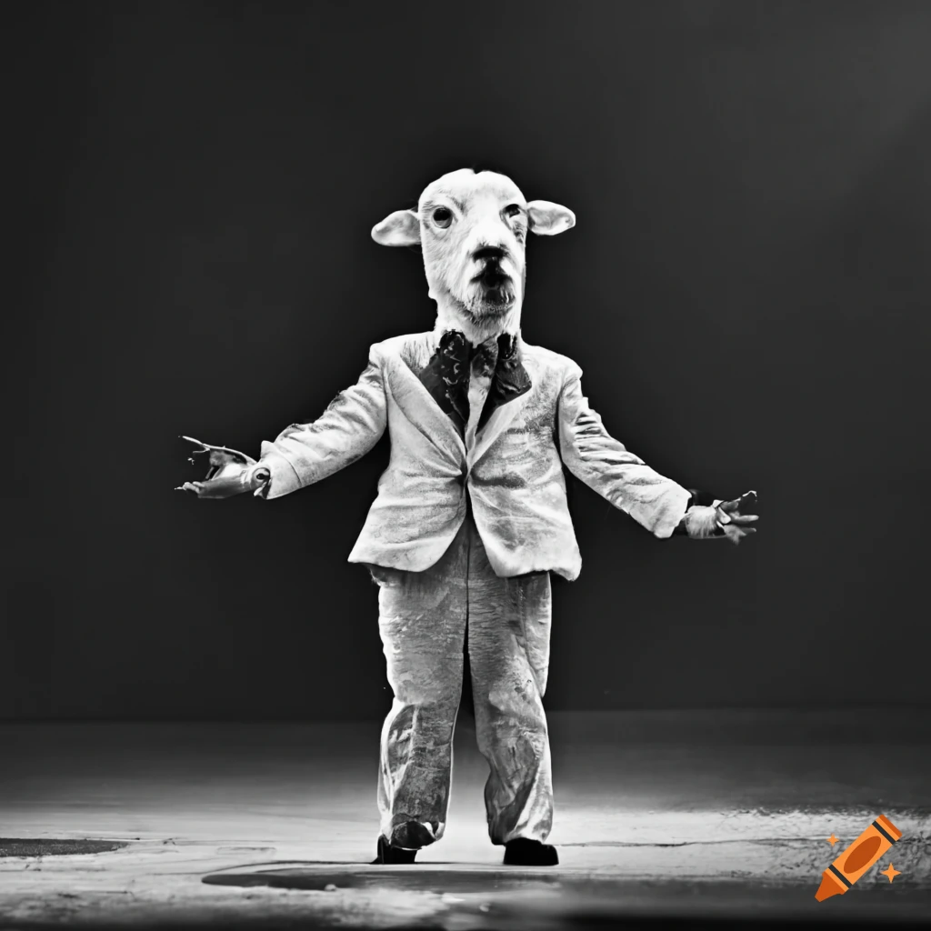 A sheep wearing a suit singing on the stage