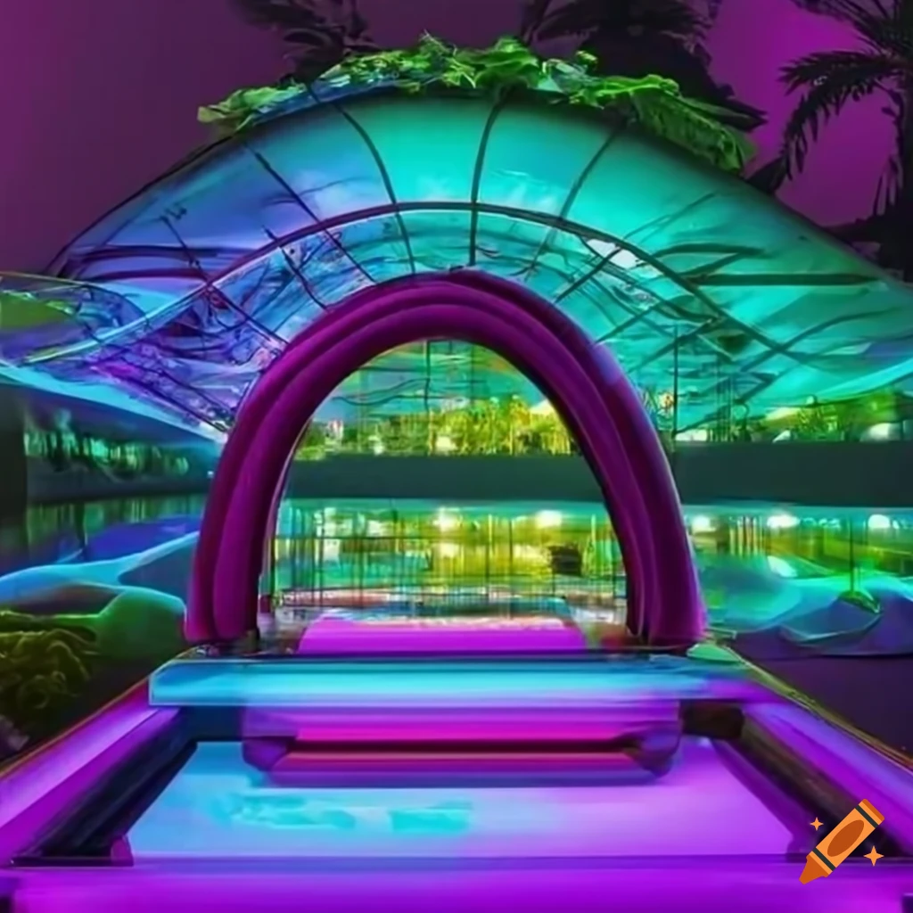 Futuristic platform with colored glass restaurant and hydroponic ...