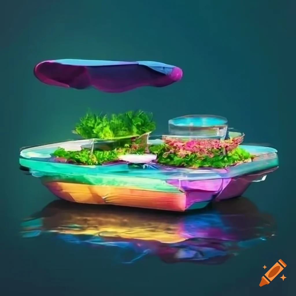 Futuristic floating platform with colored glass food stall and ...