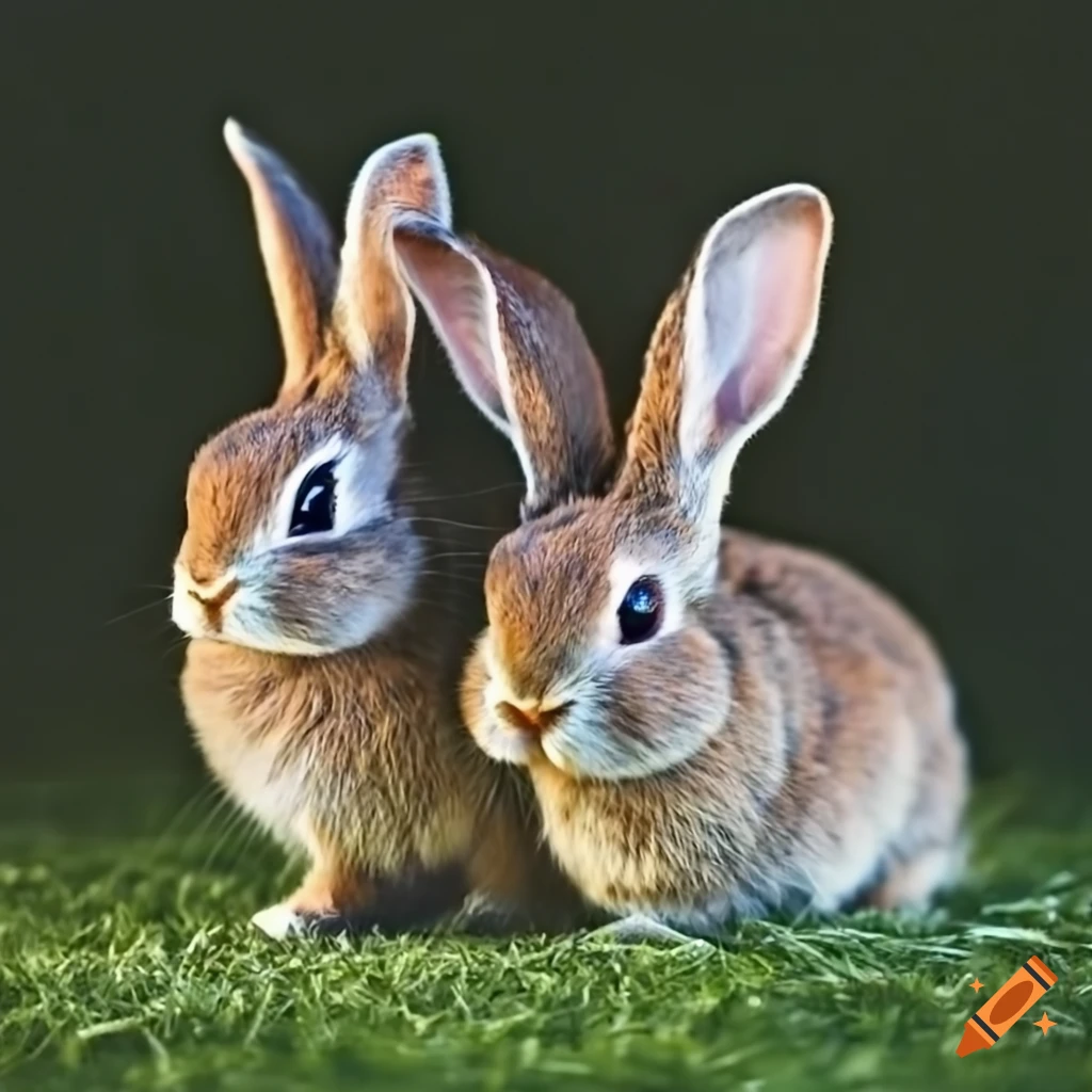 Four rabbits: black, brown, gray, orange; sitting on grass