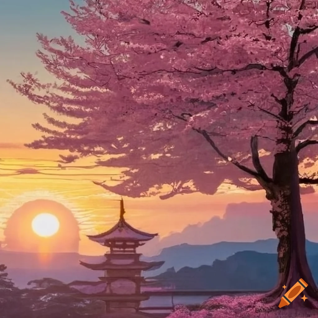 A sunset scene with a cherry tree and a Japanese temple in the ...