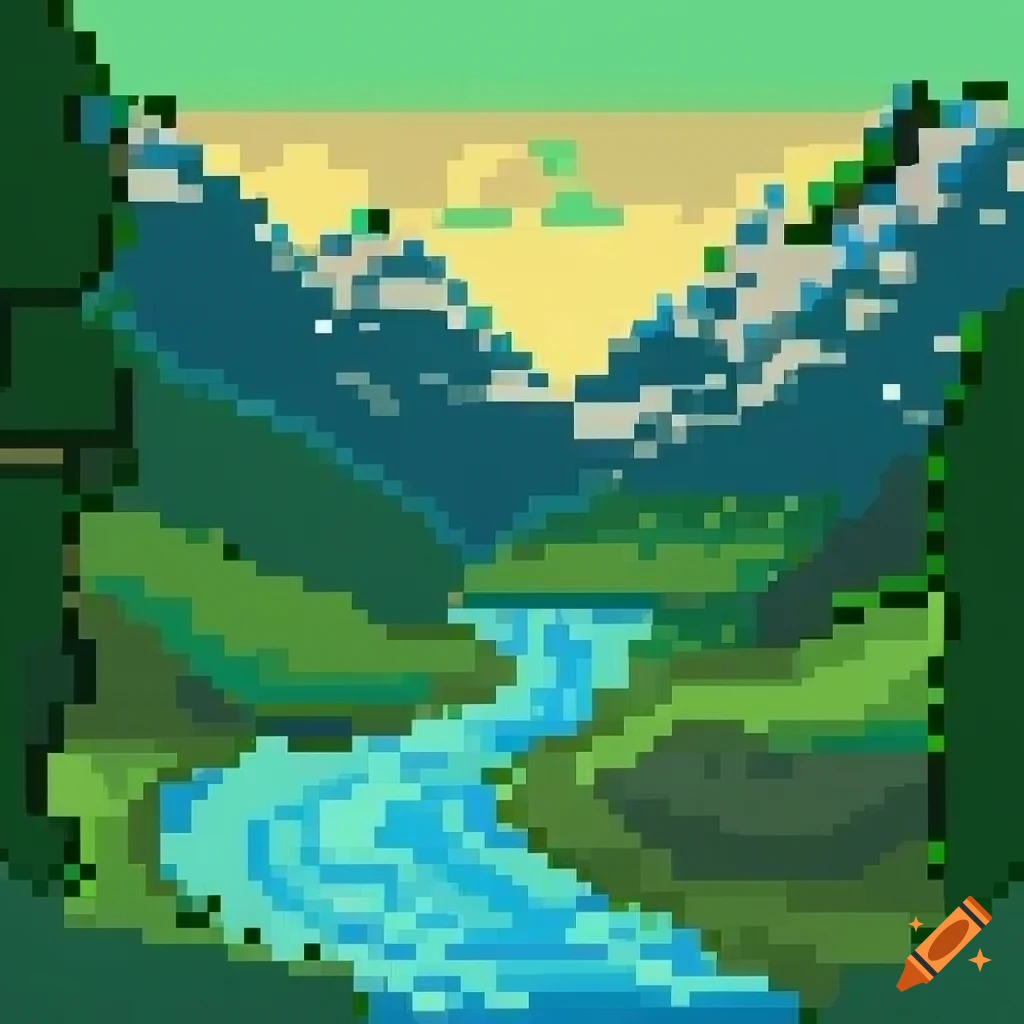 Flowing river though green mountains pixel art on Craiyon