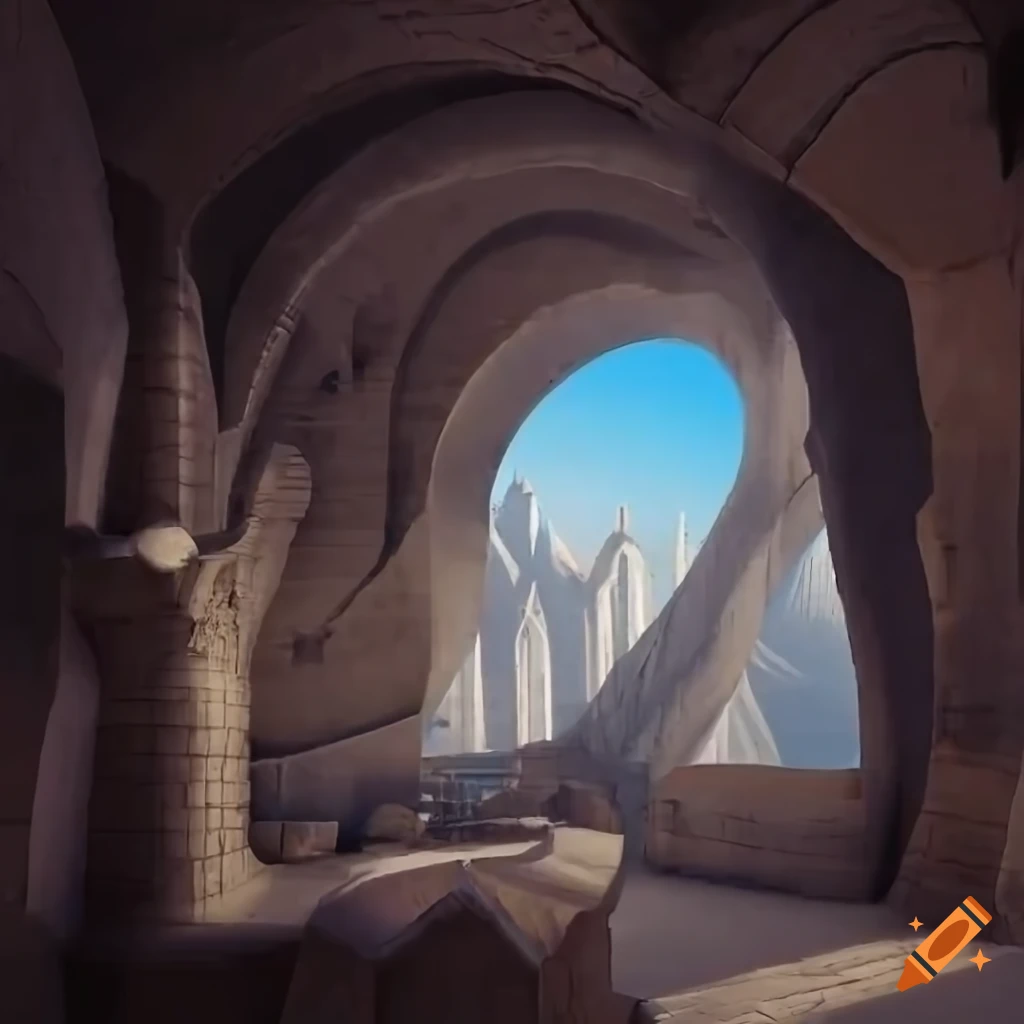 Gigantic ancient fantasy cityscape, brutalist concrete building ...