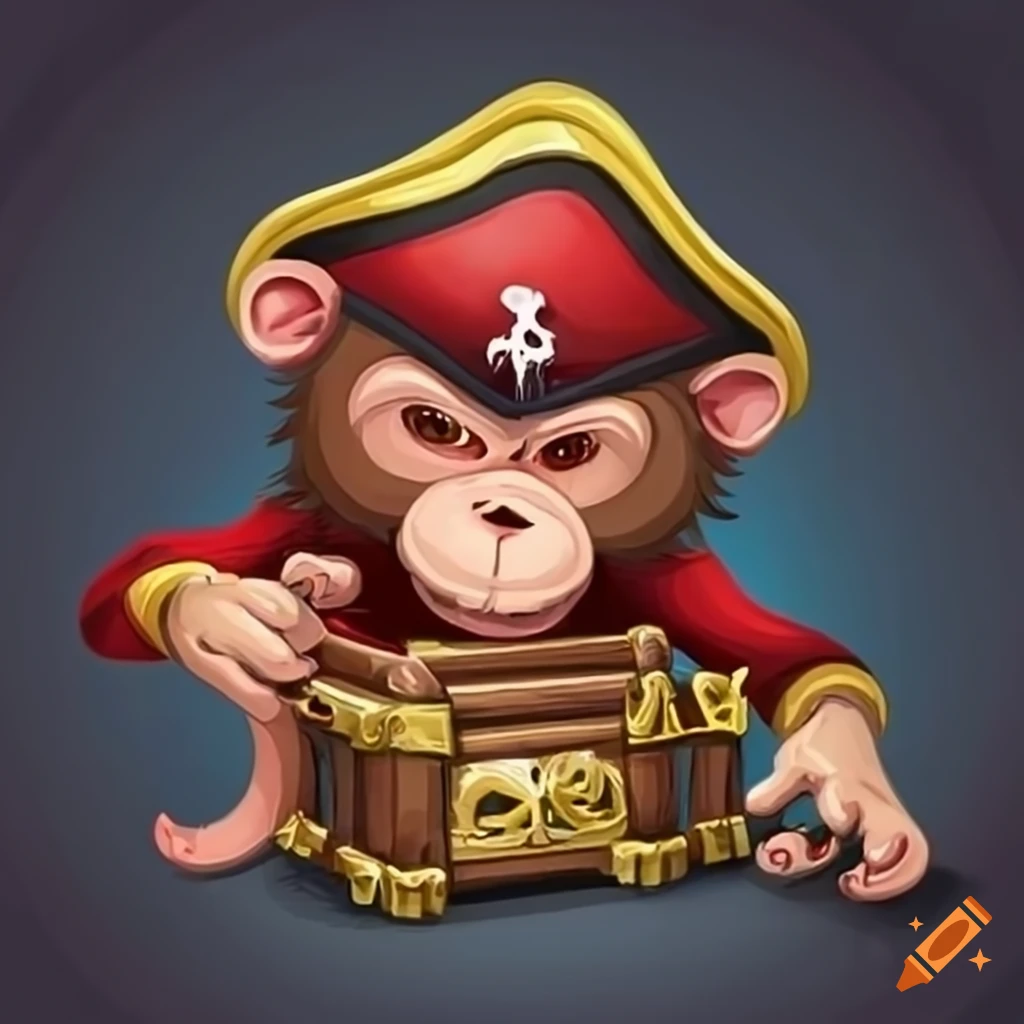 Pirate monkey with a treasure chest