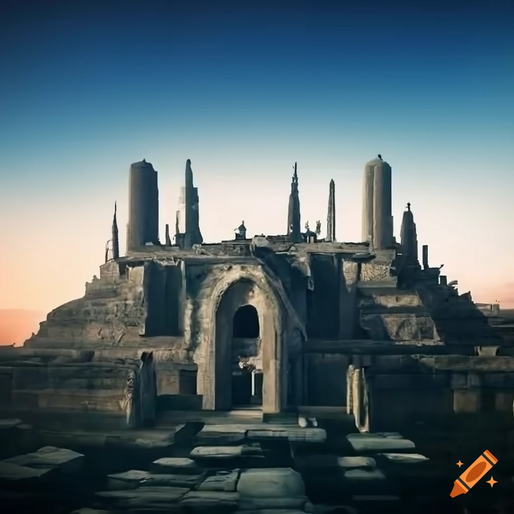 Gigantic ancient fantasy cityscape, brutalist concrete building ...