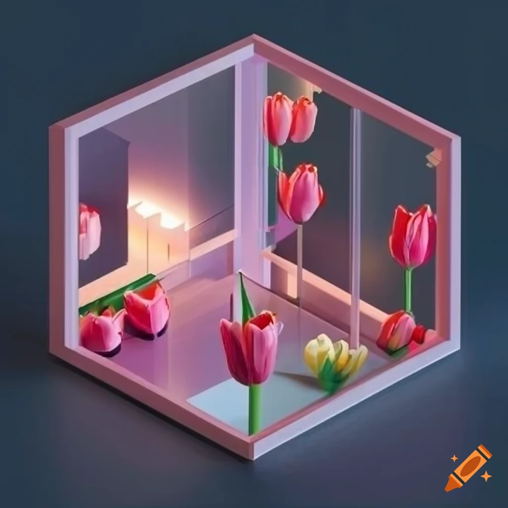 Glass isometric cube room with tulips