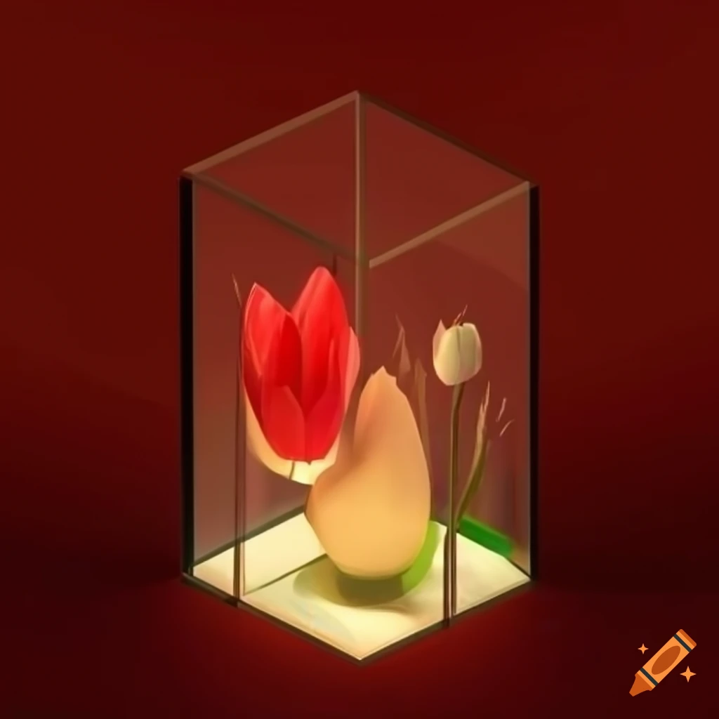 Isometric cube room with a tulip in a glass case on Craiyon