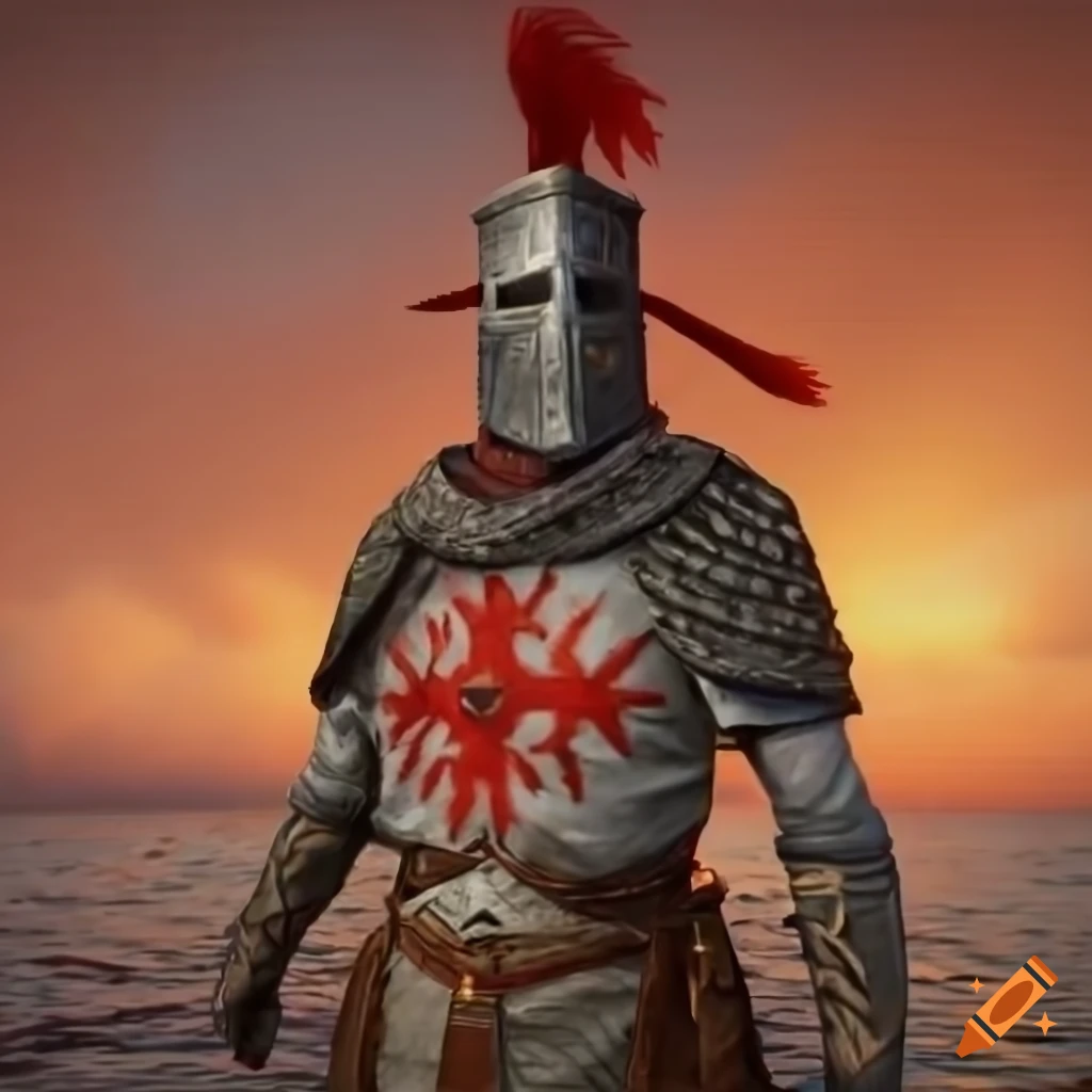 Solaire of astora, heaume, red feather, sun insignia on chest, human ...