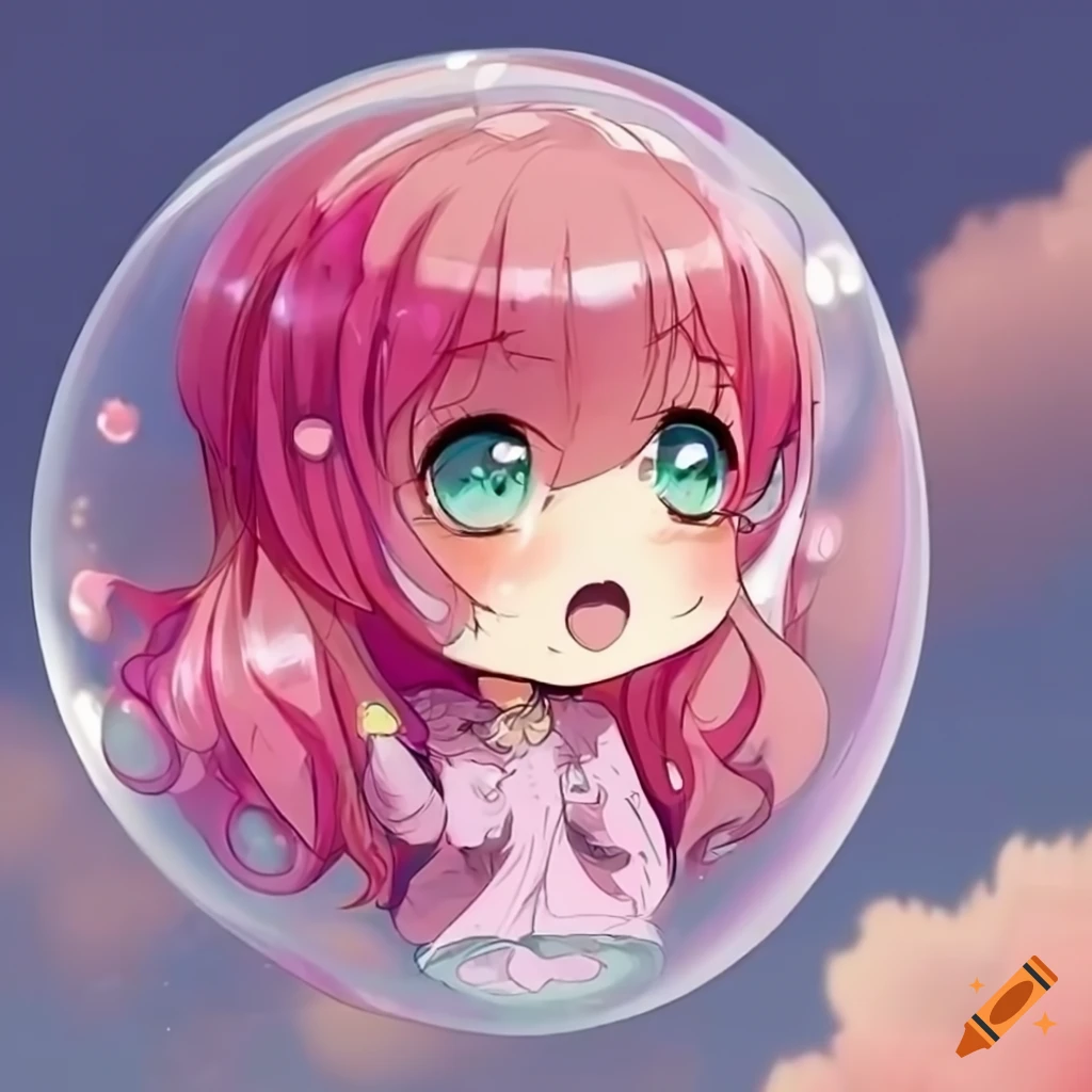 Cute pink haired chibi inside a bubble surrounded by light peach clouds