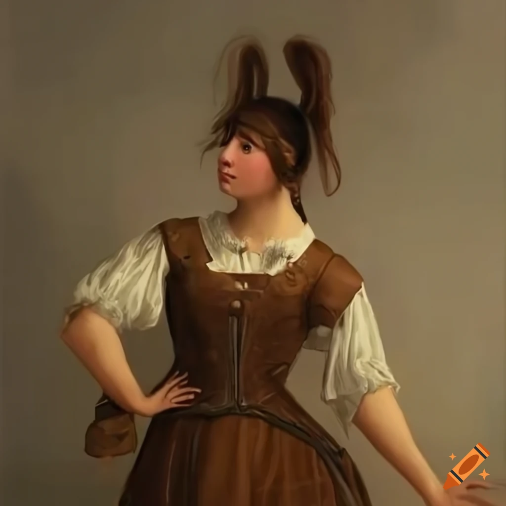 A peasant woman in her 20's with brown hair tied in a low ponytail ...