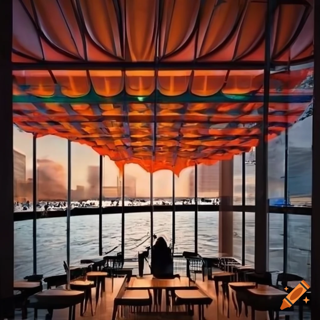 Riverside futuristic Japanese cafe made of colored glass, sculptural ...