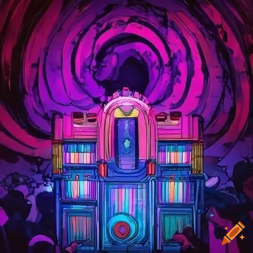 Dancing crowd on jukebox. negative space. lots of royal purple: #6a0dad ...