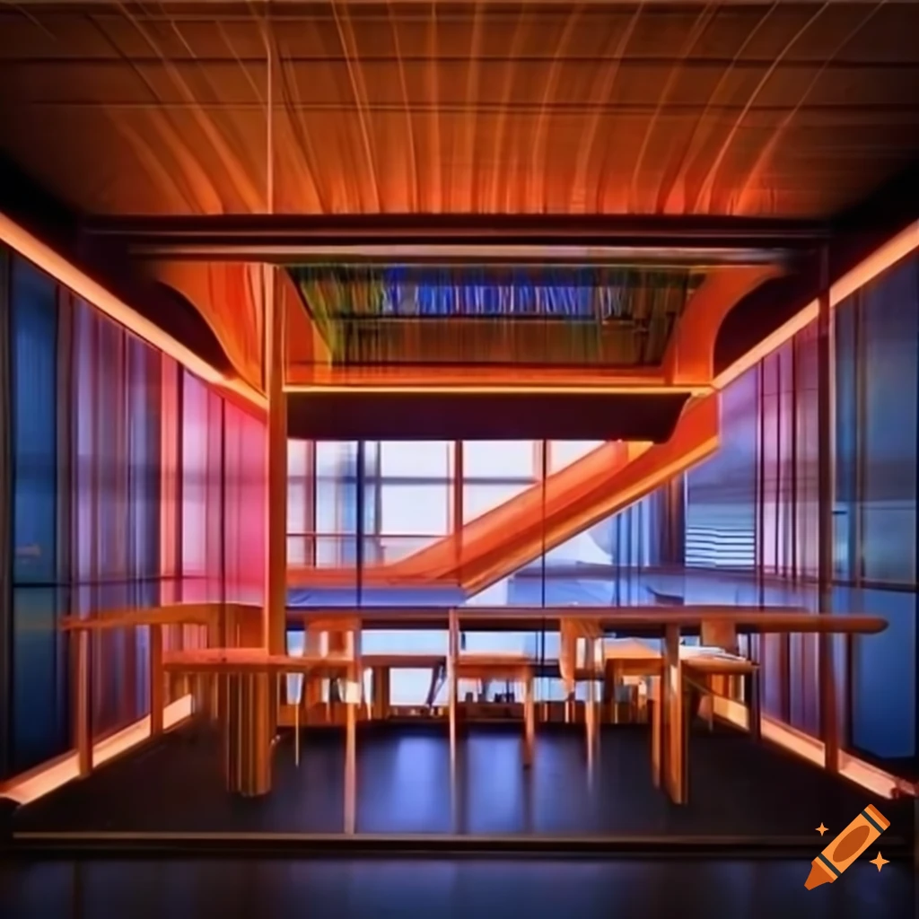 Riverside futuristic Japanese cafe made of colored glass, sculptural ...