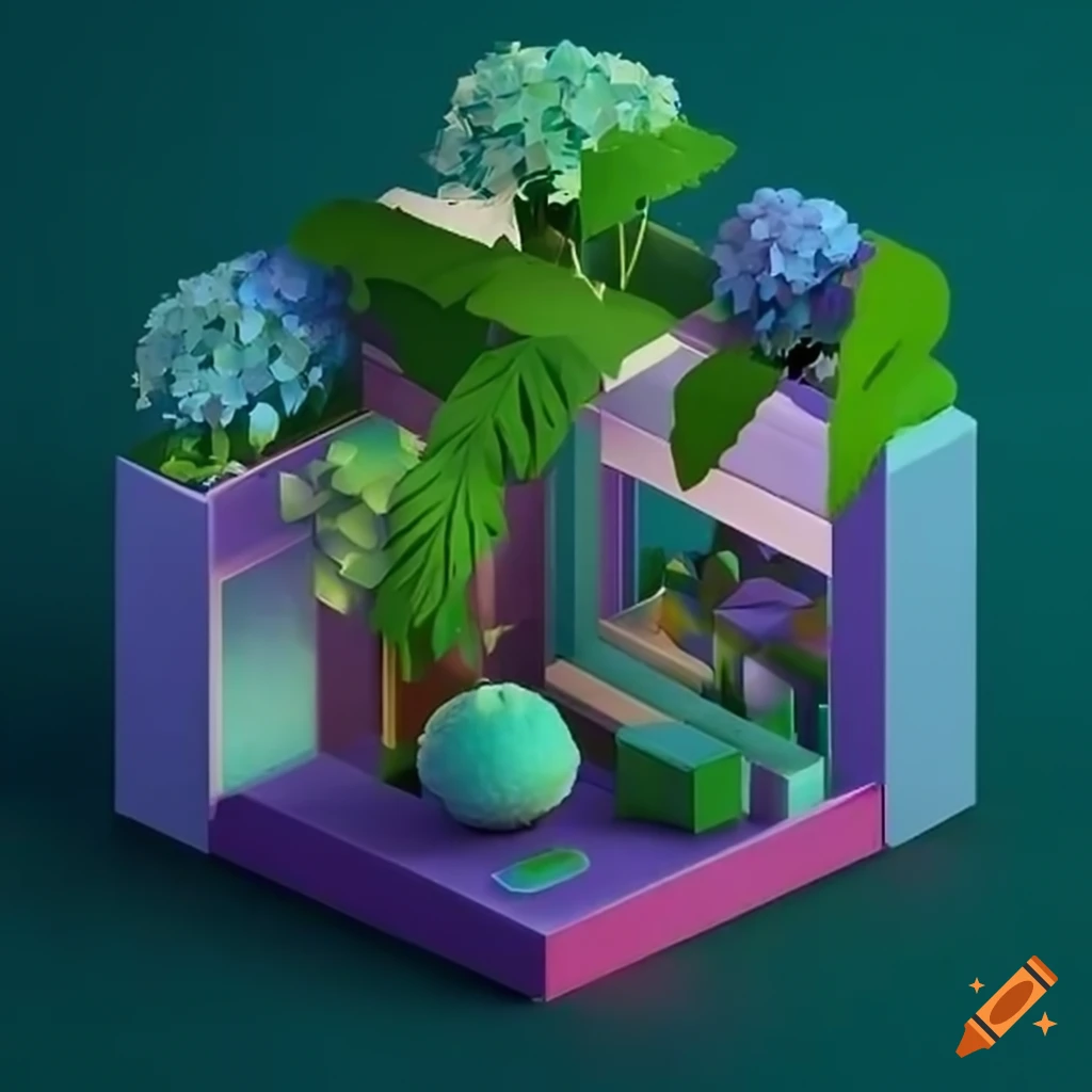 A soothing isometric room cube inspired by hydrangeas on Craiyon