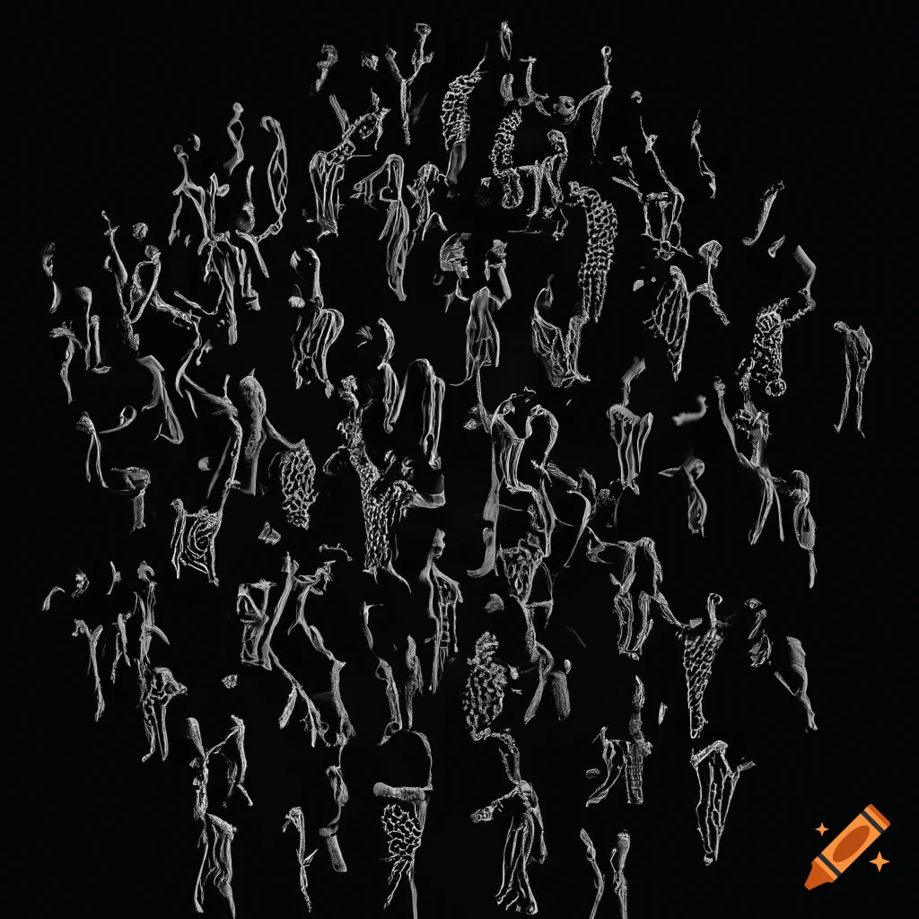 A crowd of a white dancing barcode skeleton's silhouettes on a black ...