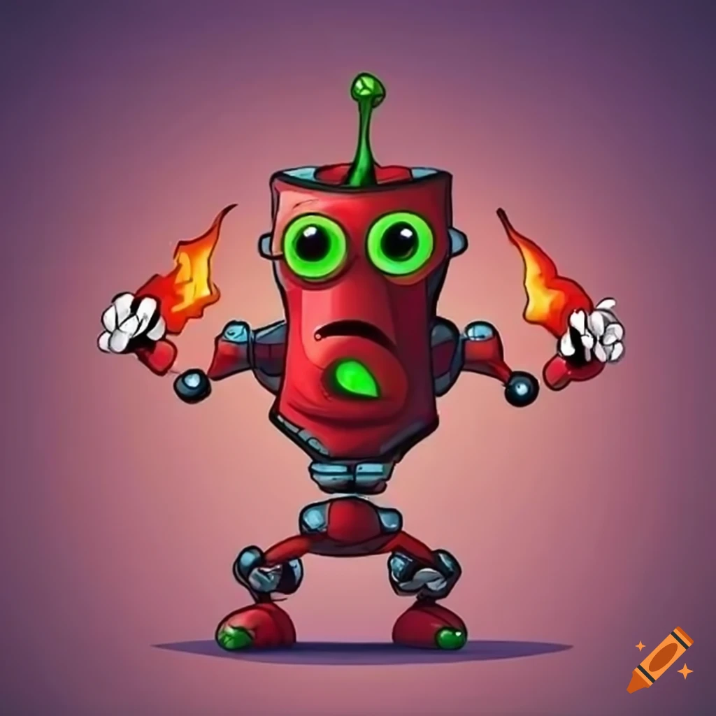 Angry cartoon robot shaped like a chili pepper with a fire head