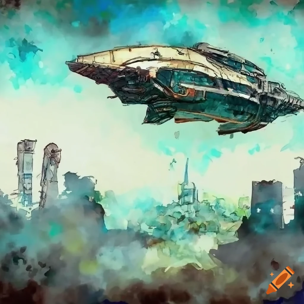Sketch of a long sci-fi ship flying over a destroyed city