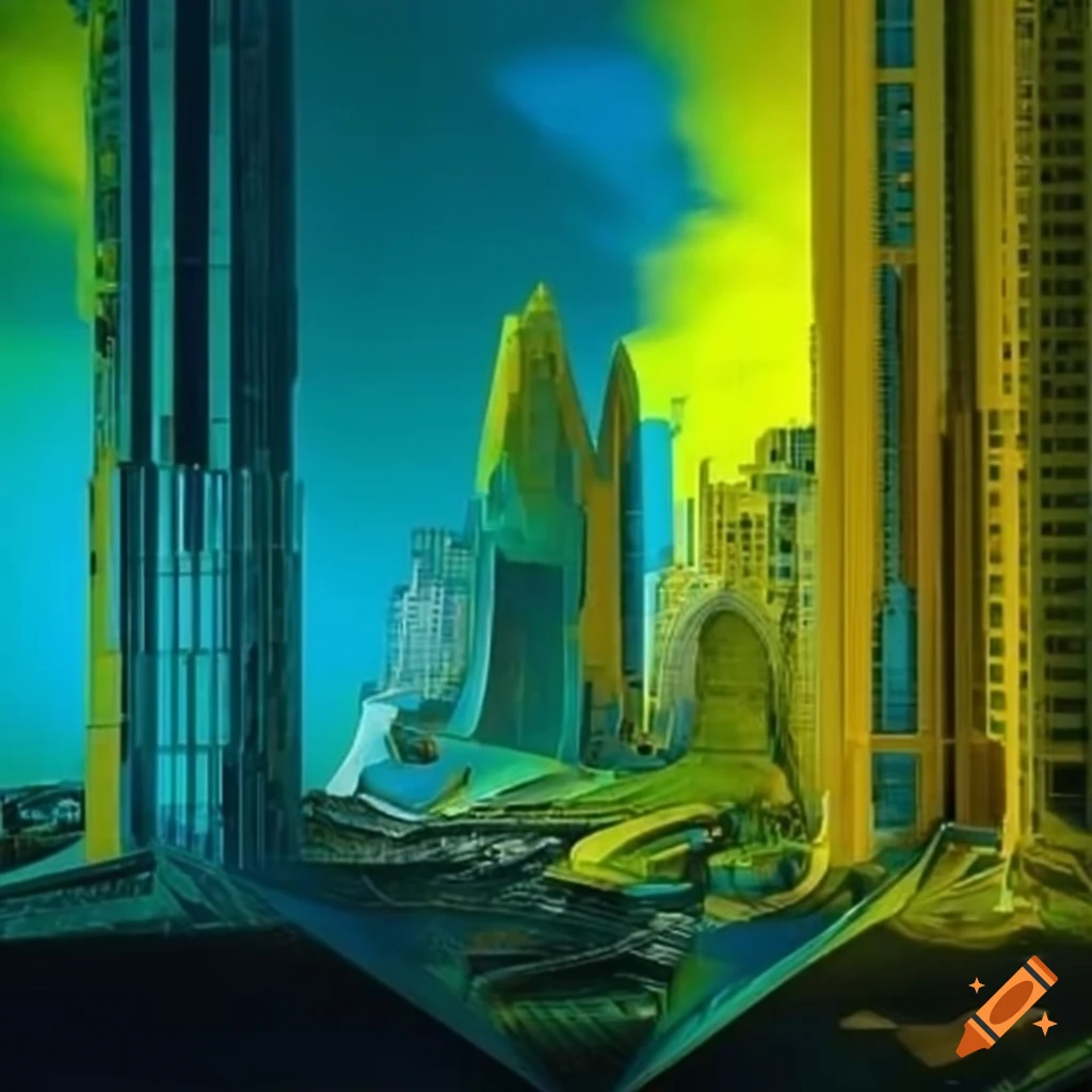 Futurist giant city weird design complex structures yellow strange ...