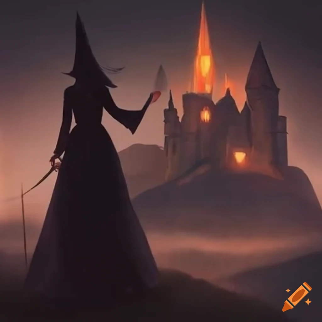 Draw a witch standing at front of castle