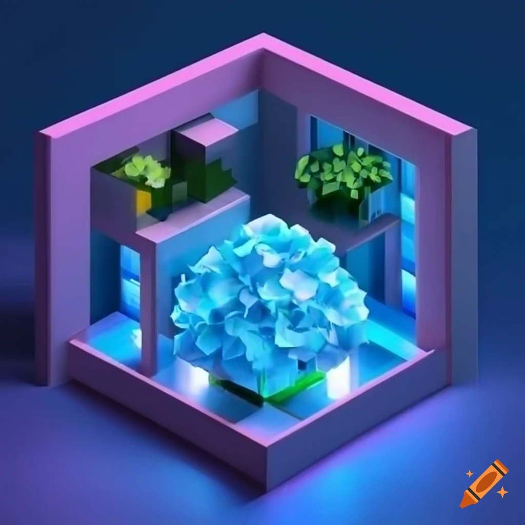 A soothing isometric room cube inspired by hydrangeas