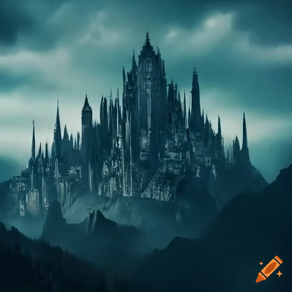 Massive city the size of a mountain, gothic architecture, soft lighting ...