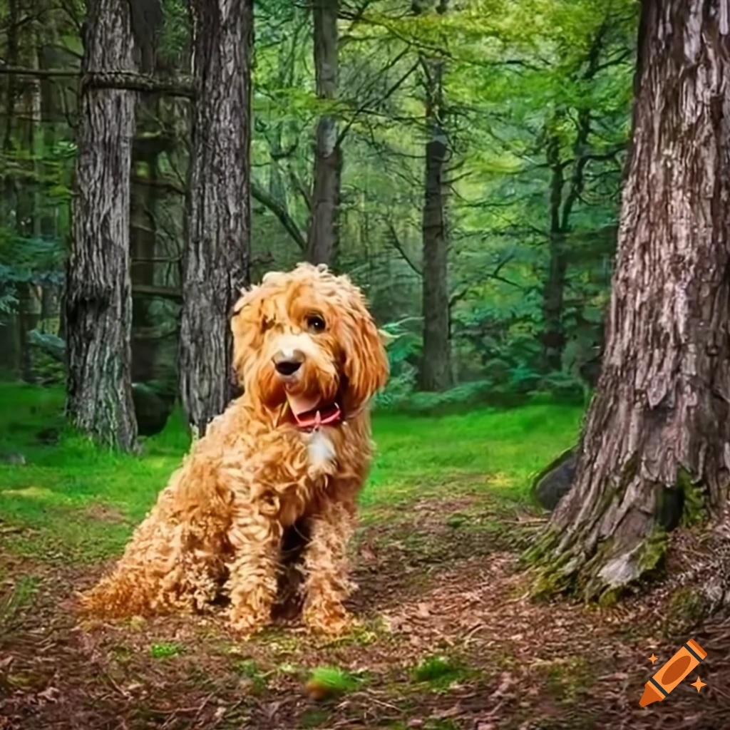 Goldendoodle Dog In The Forest Surrounded By Fantasy Theme With