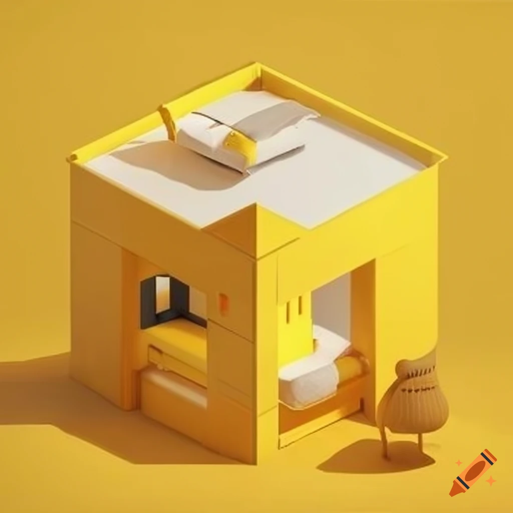 Soft cozy all-yellow isometric cube bedroom with bunk bed and french ...