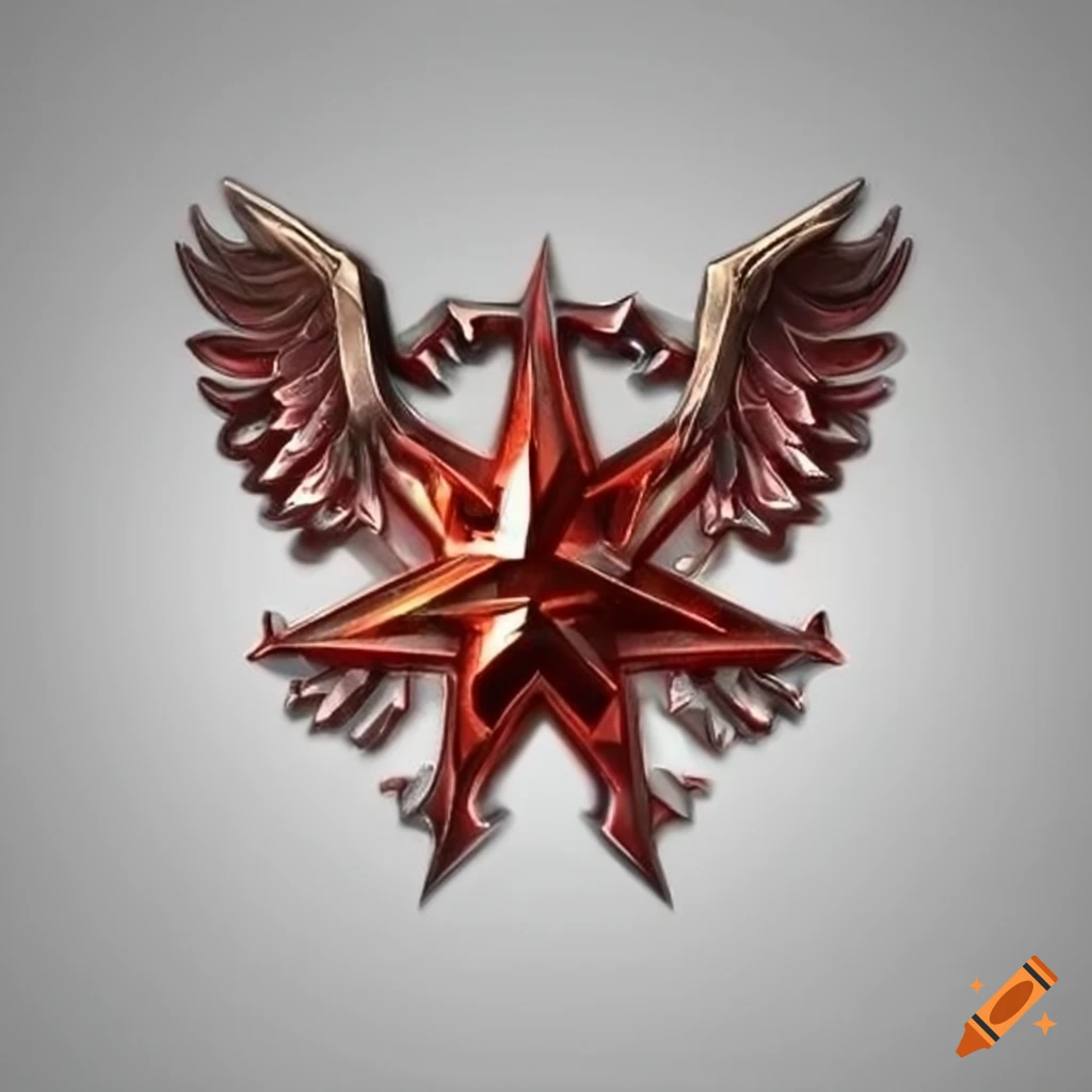 Simetric metallic crimson stell badge with sword and wings on Craiyon