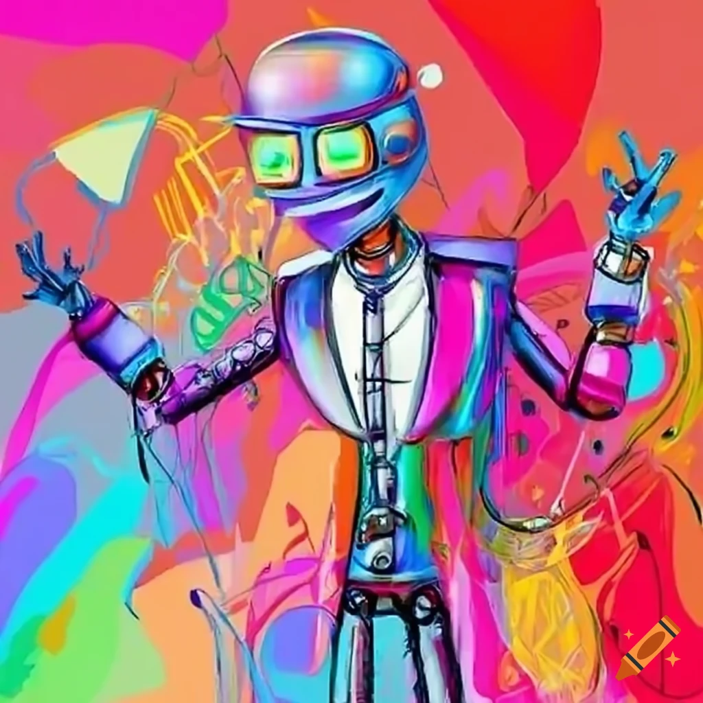 A funky robot orchestra conductor surrounded by colorful lights and shapes