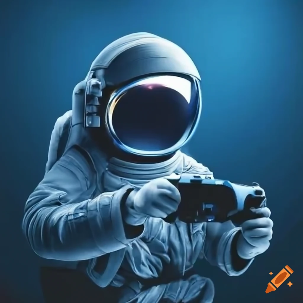 Astronaut kid playing video games on blue screen