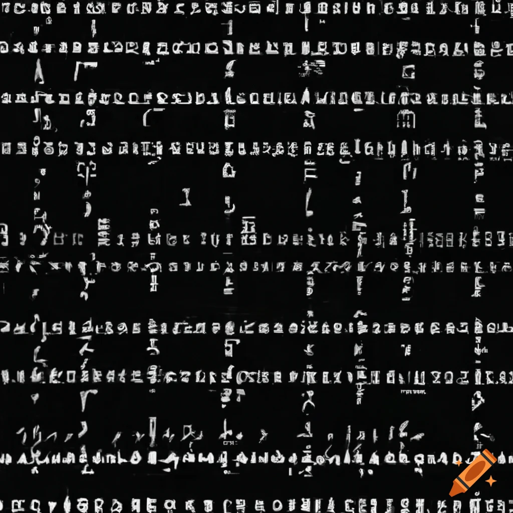 White bar-code-like hieroglyphs code on a black background, sharp ...