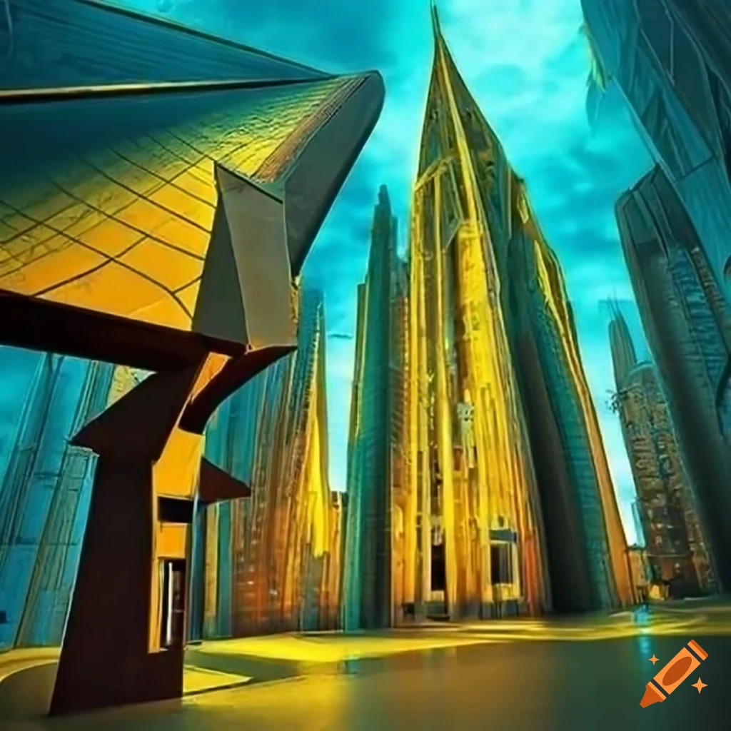 Futurist giant city weird design complex structures yellow strange ...