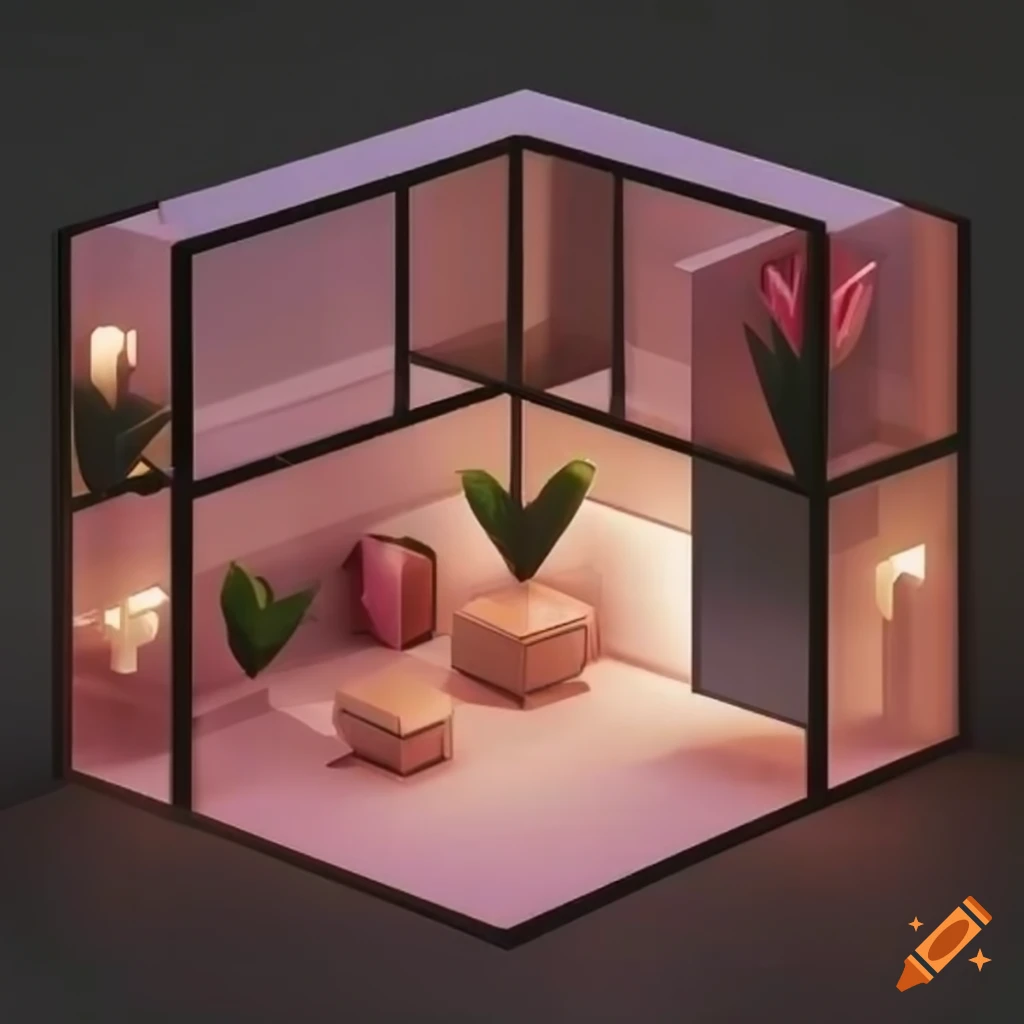 Glass isometric cube room inspired by tulips