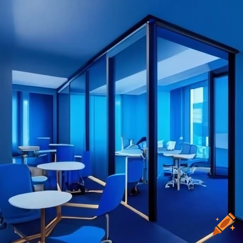 Modern office with blue furniture and minimalistic design on Craiyon
